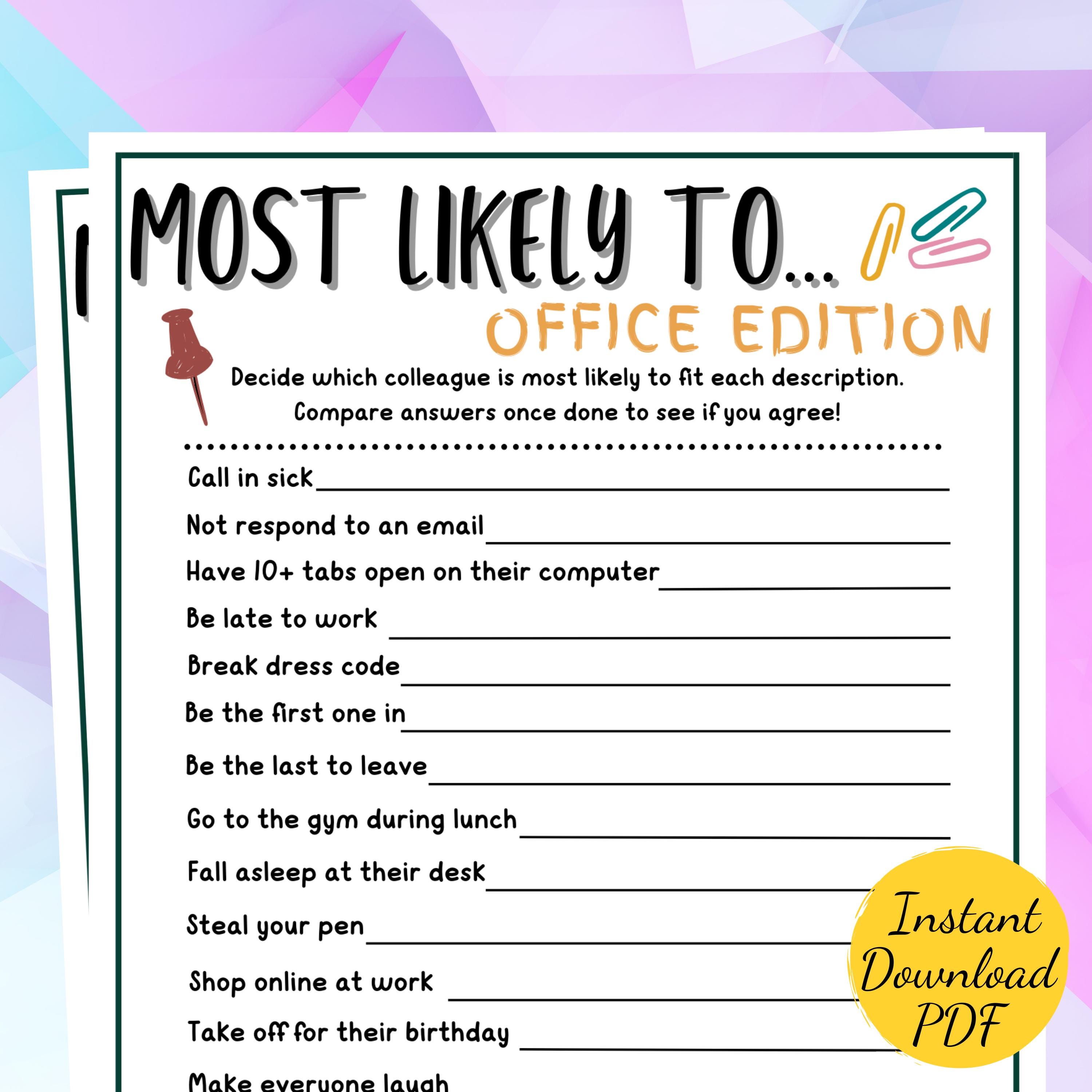 MOST LIKELY TO Office Game: Printable Office and Retirement Party ...