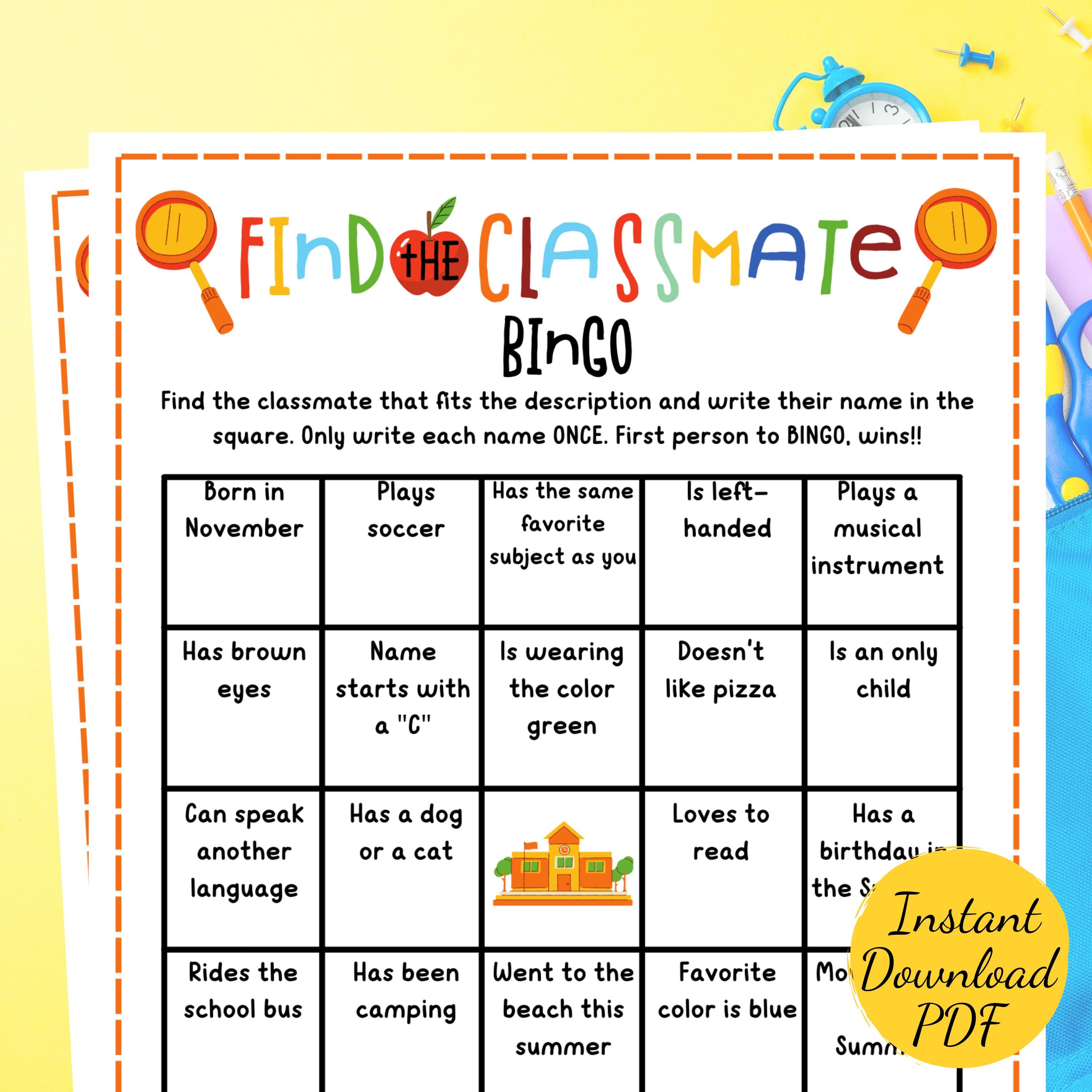 Back to School BINGO Game - Find the Classmate Bingo - First Day of ...