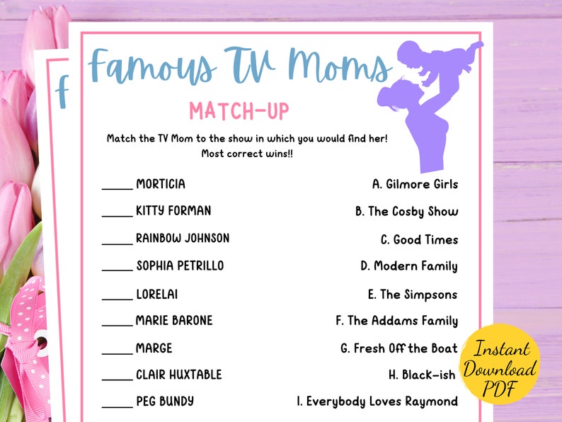 FAMOUS TV MOMS Mothers Day Match Mothers Day Party Game Printable ...