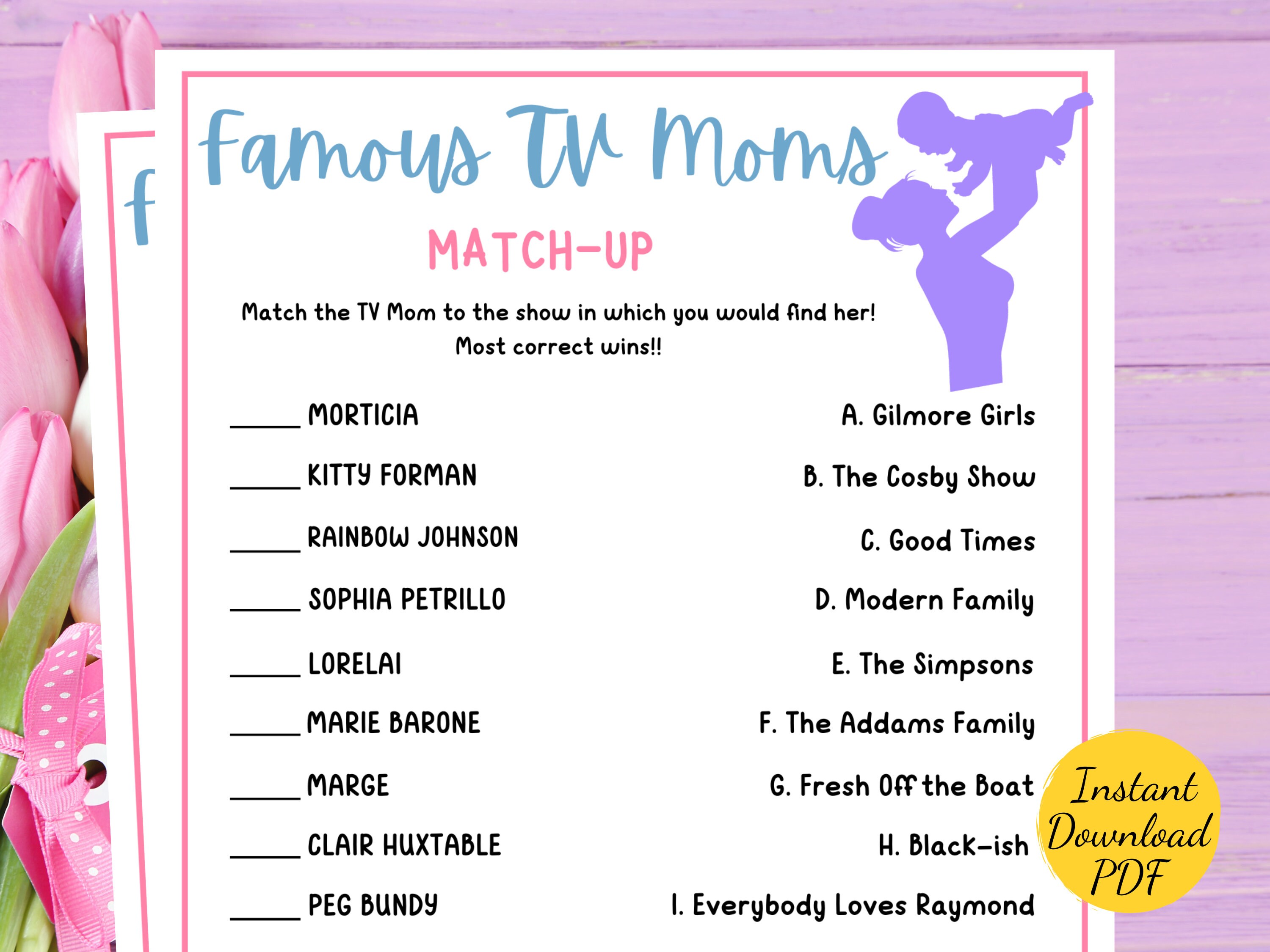 FAMOUS TV MOMS Mothers Day Match Mothers Day Party Game Printable ...