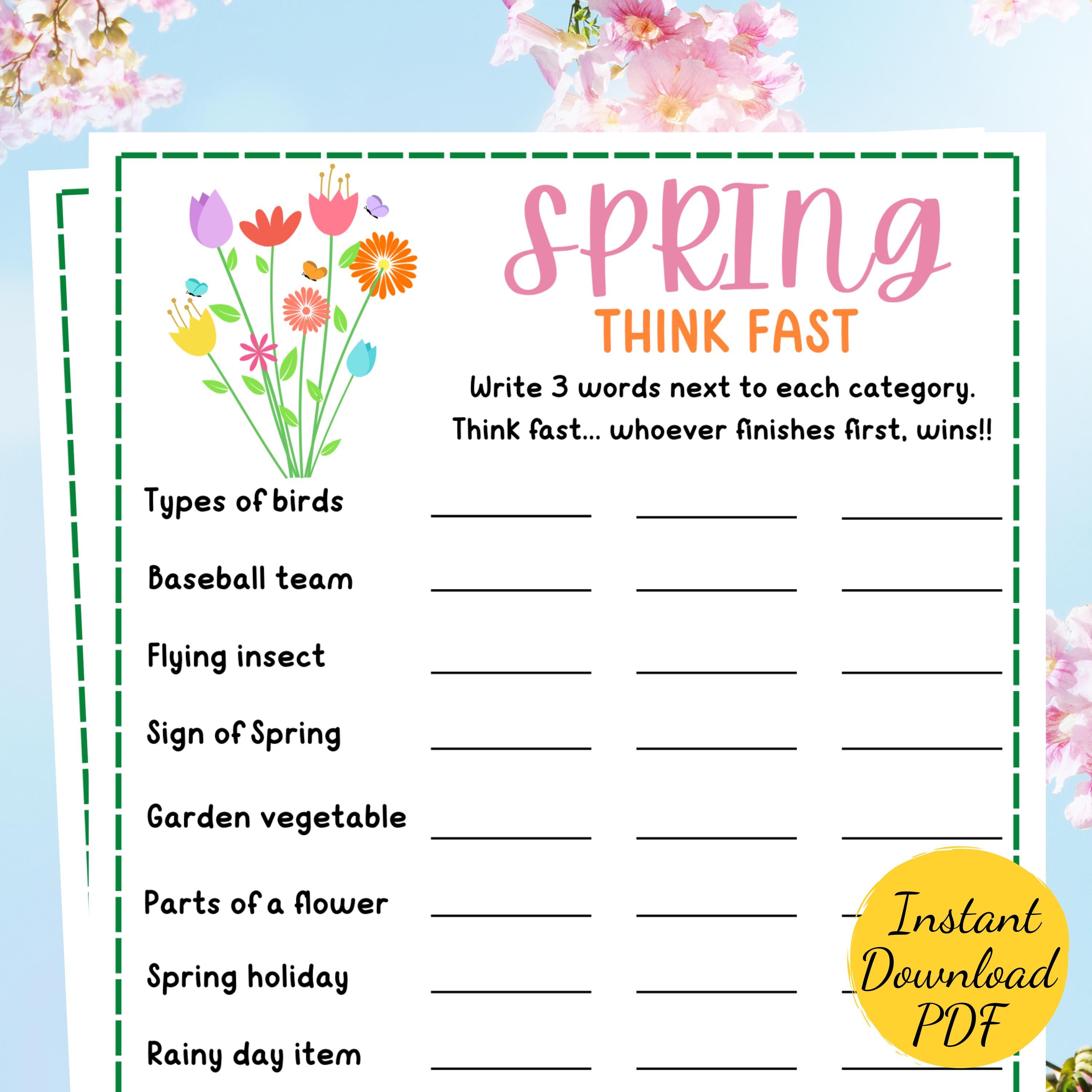 Spring Season THINK FAST Game - Printable Spring Party Games - Fun ...