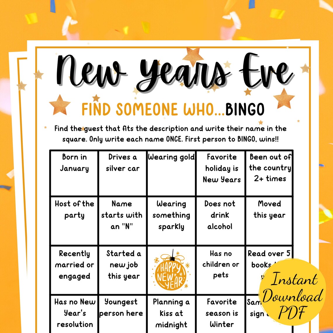 New Years Eve BINGO Game - New Years Eve Find the Guest BINGO - New ...