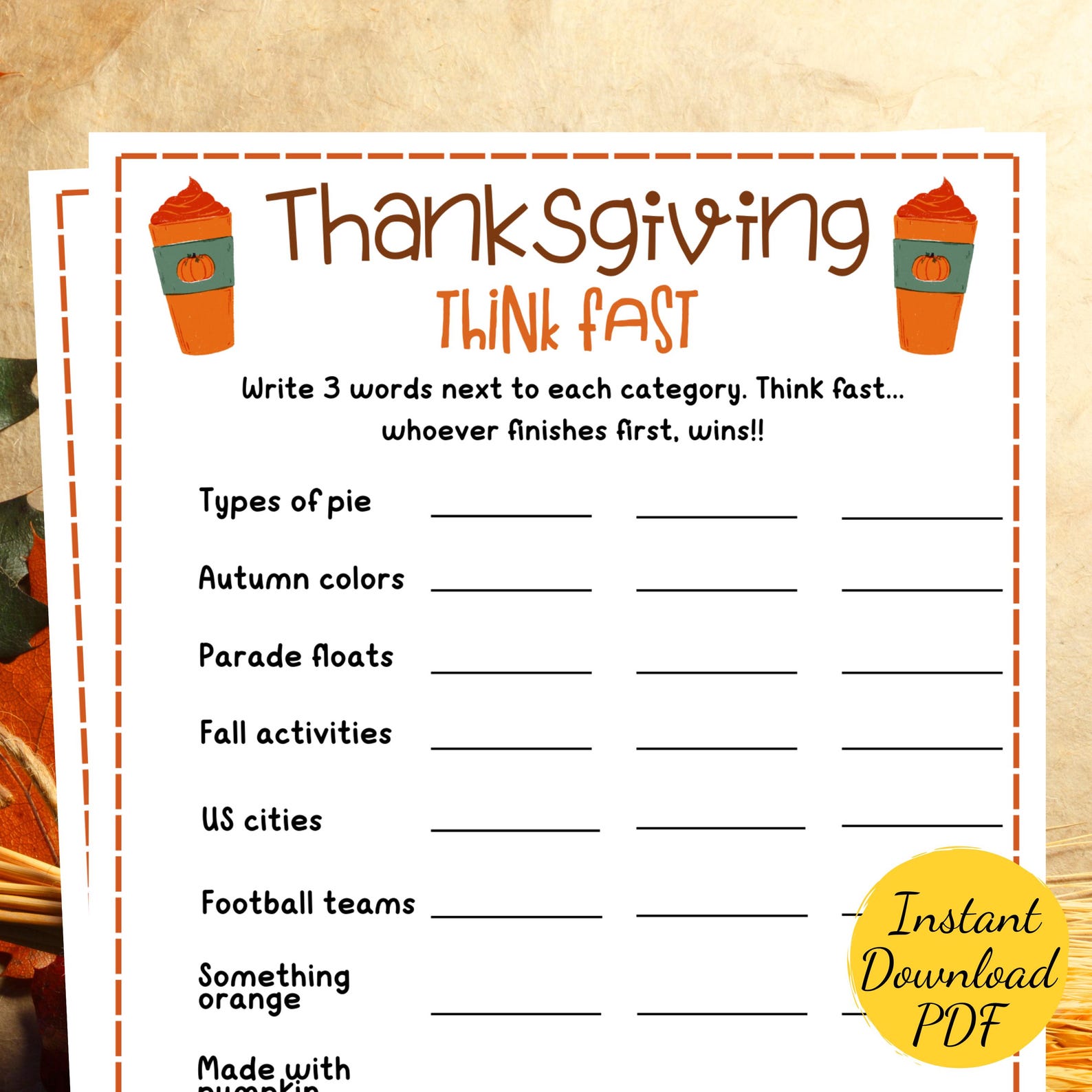 Thanksgiving THINK FAST - Thanksgiving Party Game - Printable ...