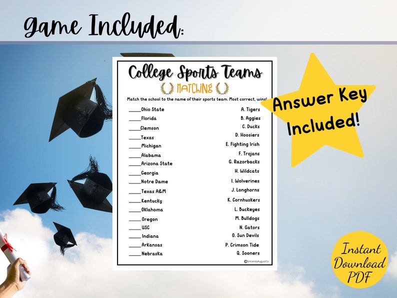 COLLEGE SPORTS TEAM Matching Game Graduation Party Game High School ...