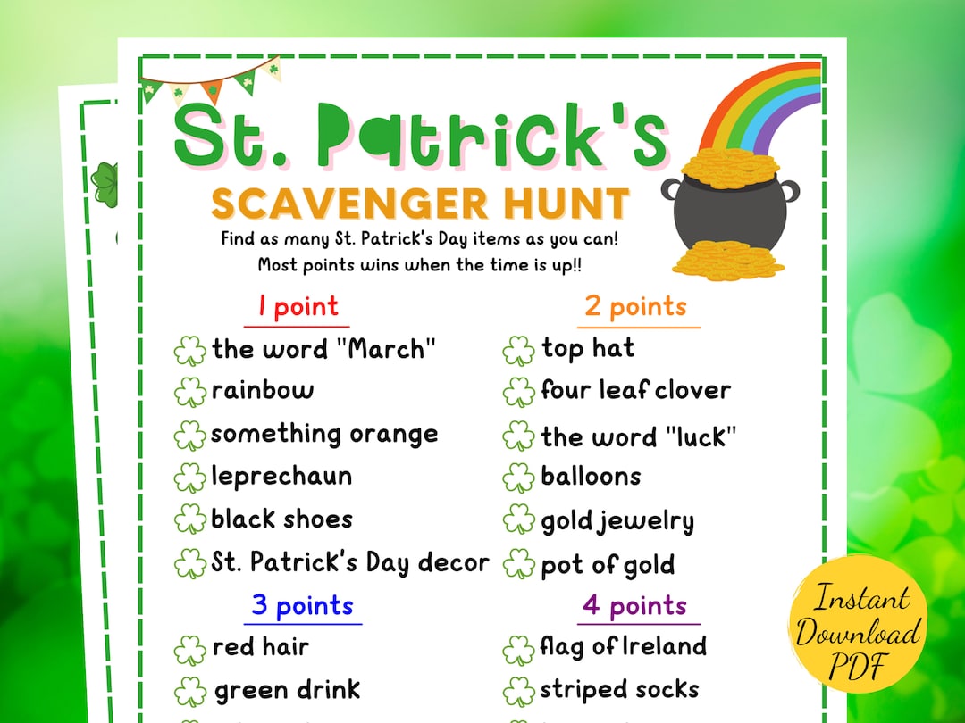 St. Patrick's Day SCAVENGER HUNT St. Patrick's Day Party Game Printable ...