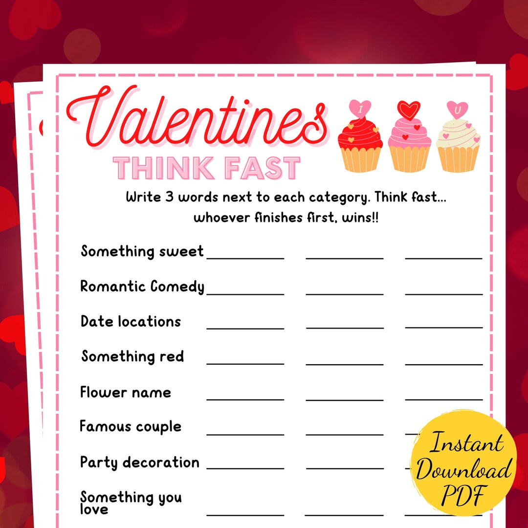 THINK FAST Valentines Day Game - Valentines Day Party Game - Printable ...