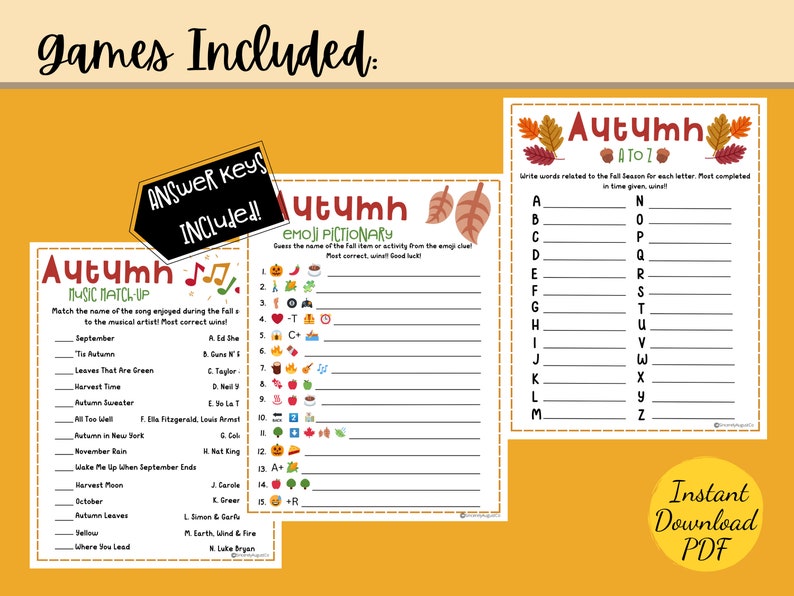 FALL Season GAMES BUNDLE Printable Autumn Games Fall Games - Etsy