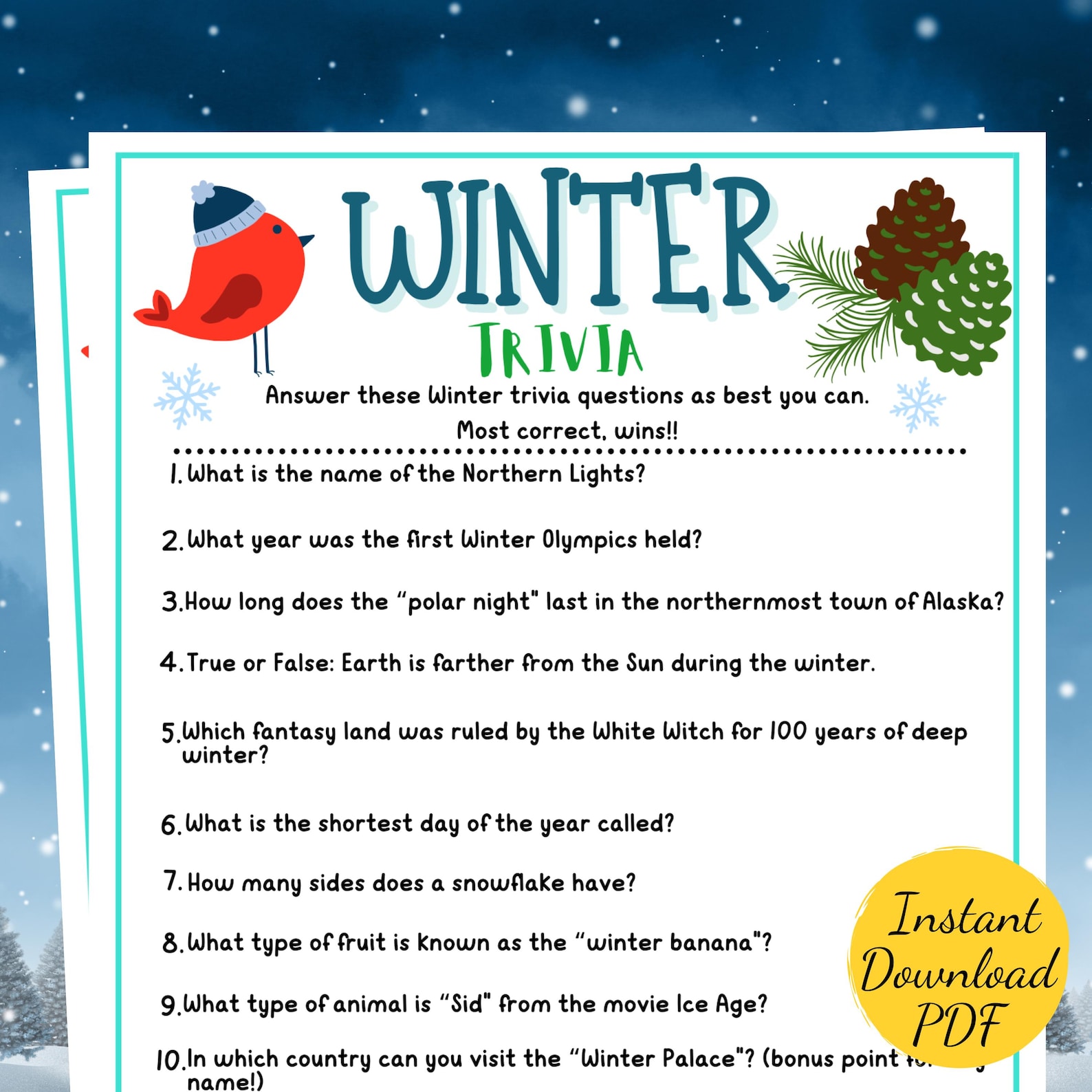 Winter TRIVIA Game - Printable Winter Season Party Game - Fun Winter ...