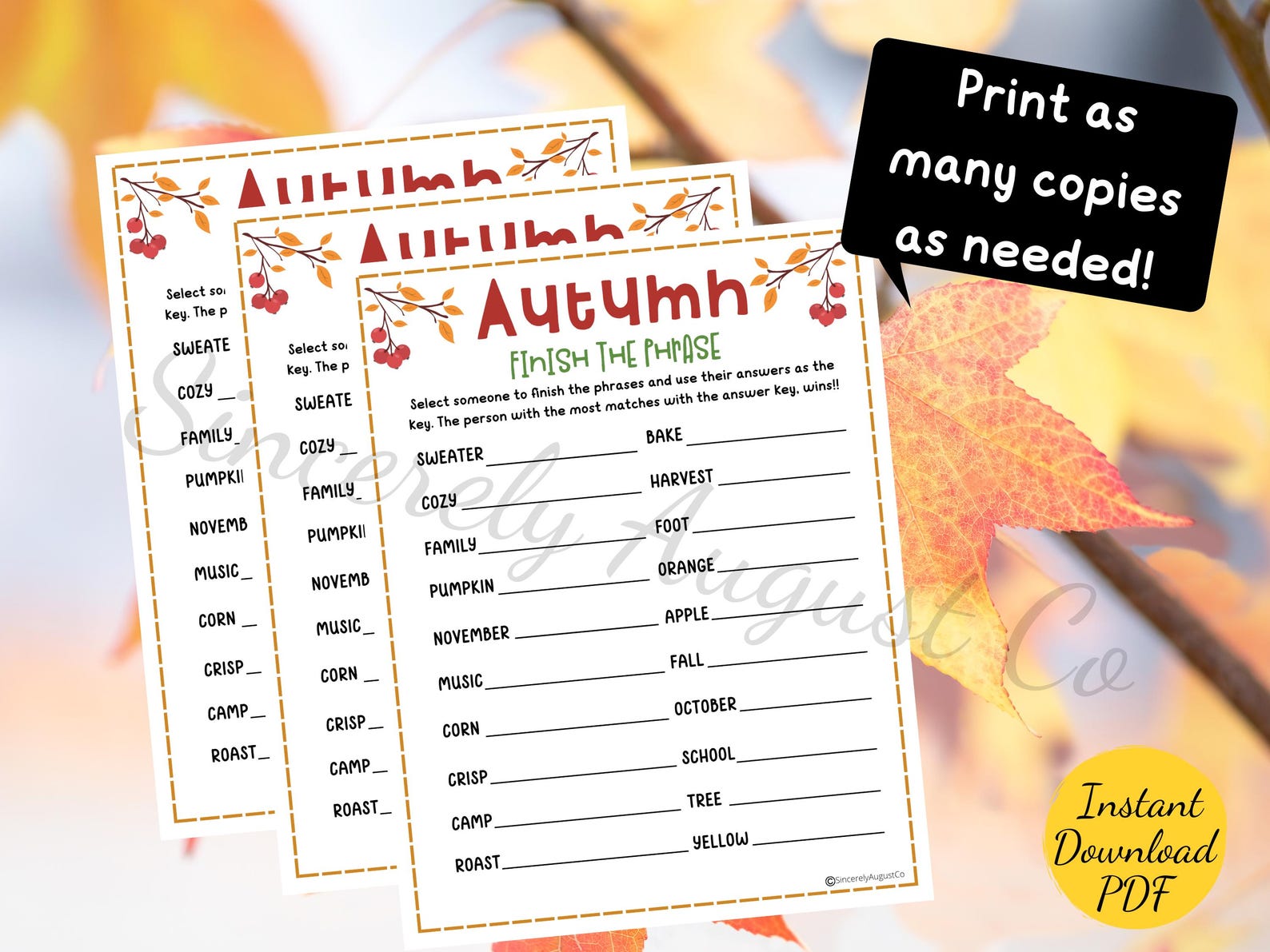 FINISH THE PHRASE Fall Game - Printable Autumn Party Game - Seasonal ...