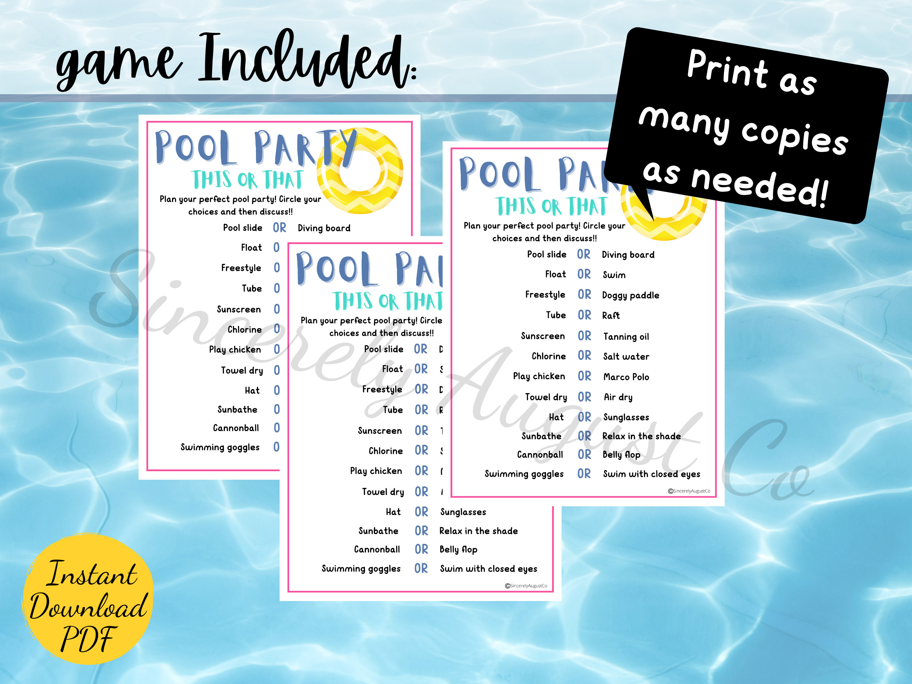 Pool Party THIS OR THAT Game - Pool Party Would You Rather - Printable ...