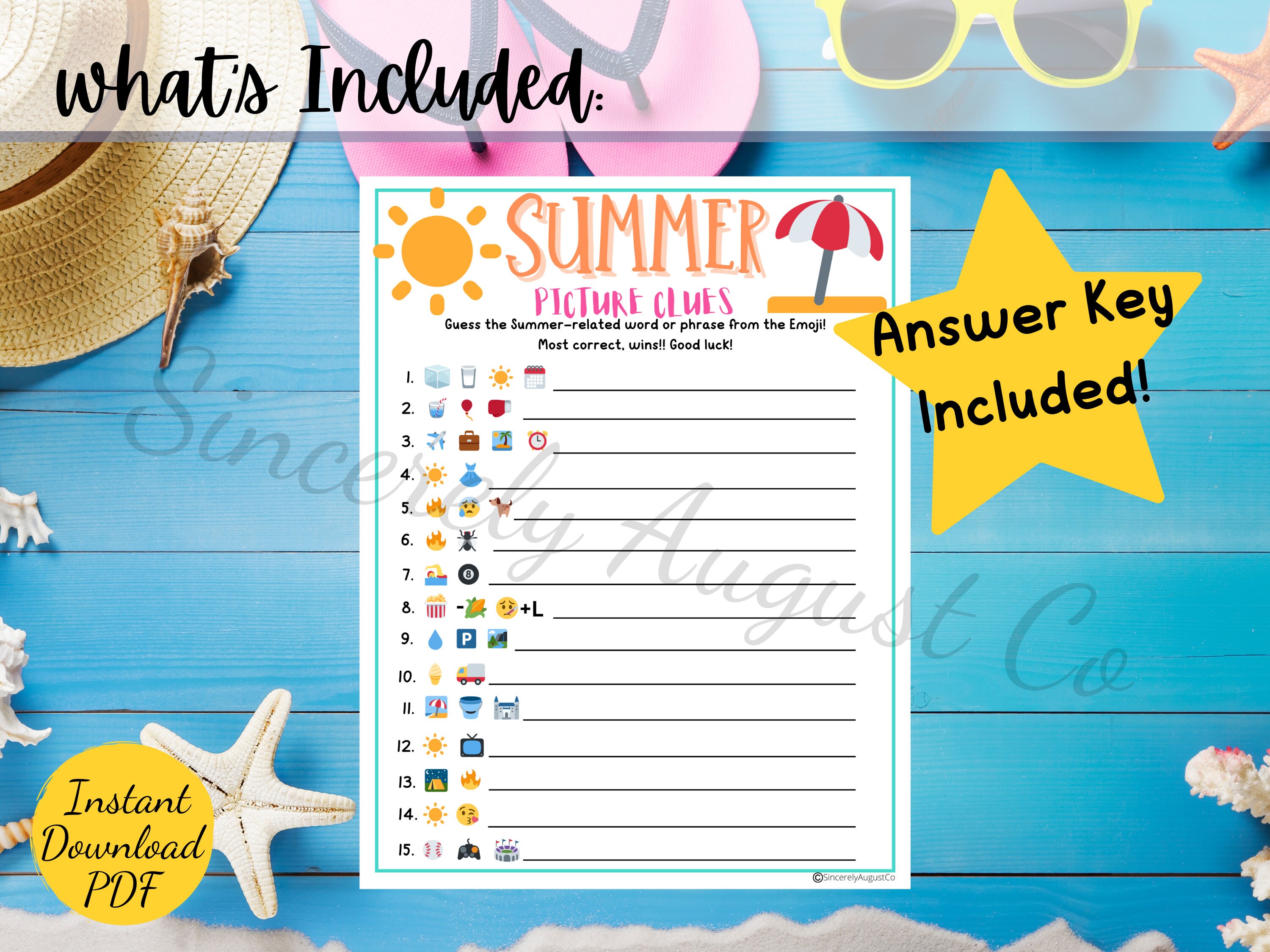Summer PICTURE CLUES Guessing Game - Printable Summer Season Party Game ...