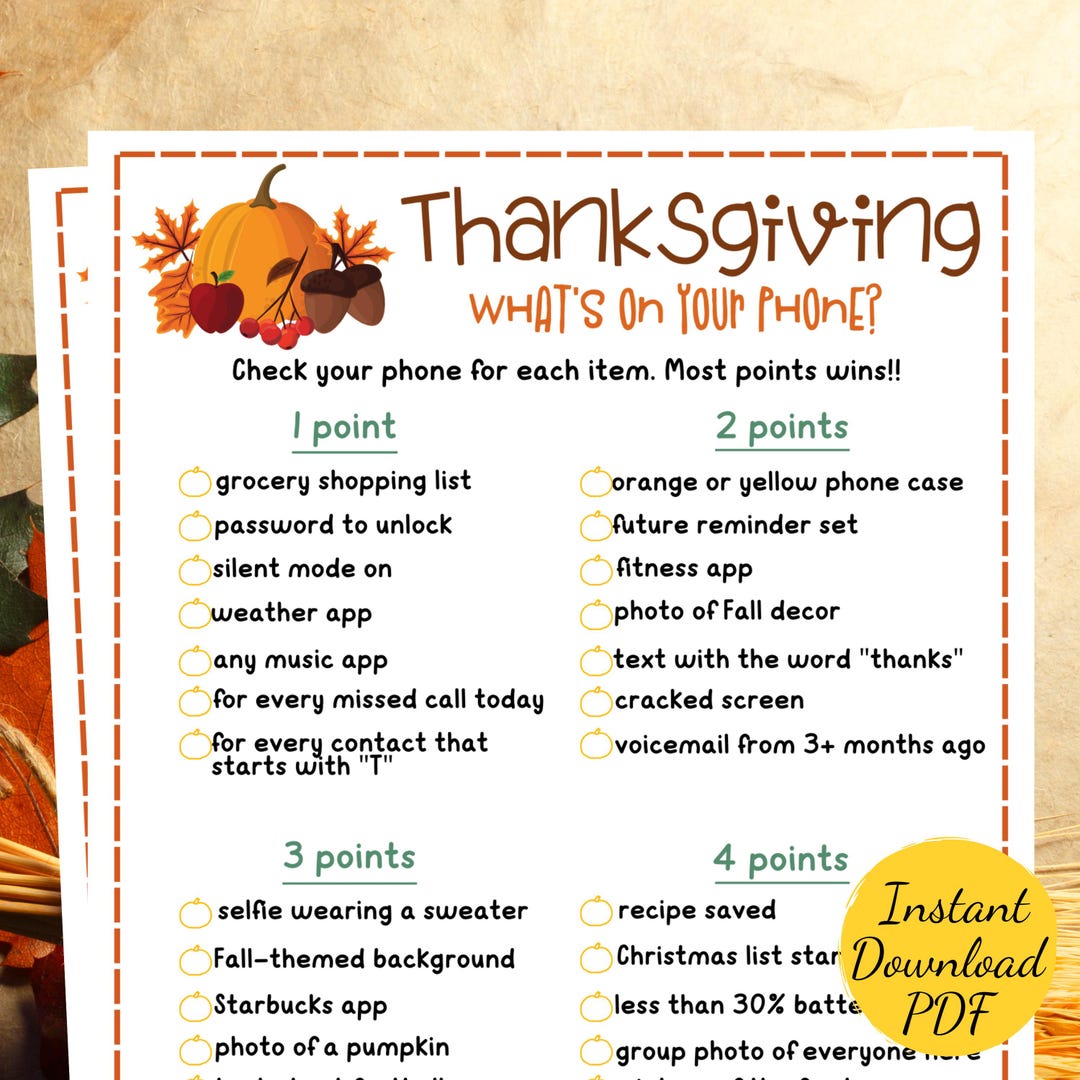 Thanksgiving WHAT'S on YOUR PHONE? - Thanksgiving Party Game ...