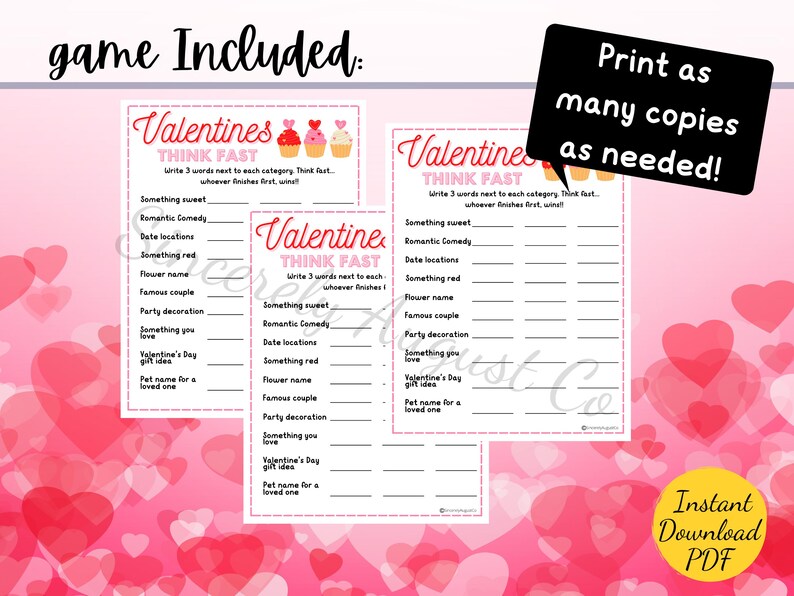 THINK FAST Valentines Day Game - Valentines Day Party Game - Printable ...