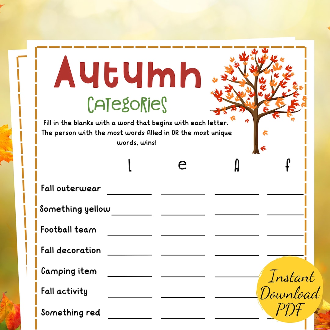 Fall CATEGORIES Game - Printable Autumn Party Game - Categories Game ...