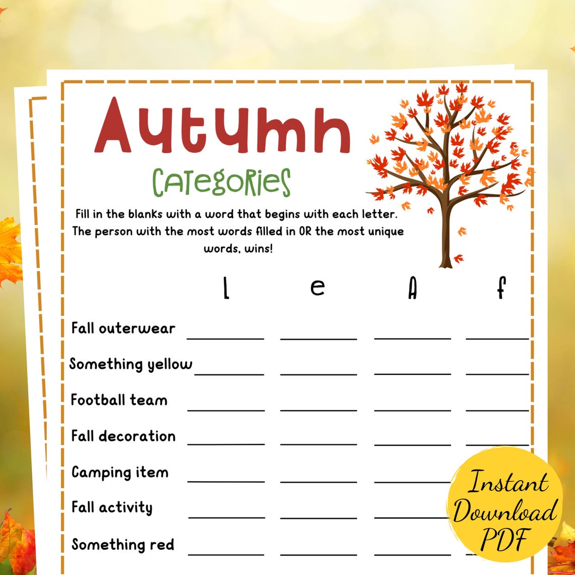 Fall CATEGORIES Game - Printable Autumn Party Game - Categories Game ...