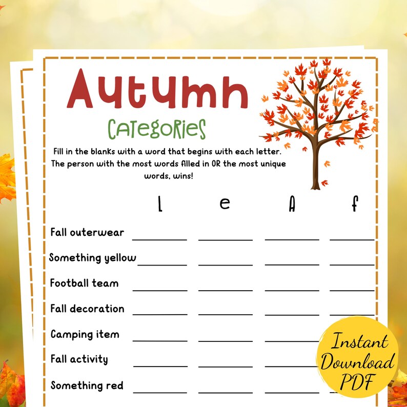 Fall CATEGORIES Game: Printable Autumn Party (PDF Pattern) - Etsy