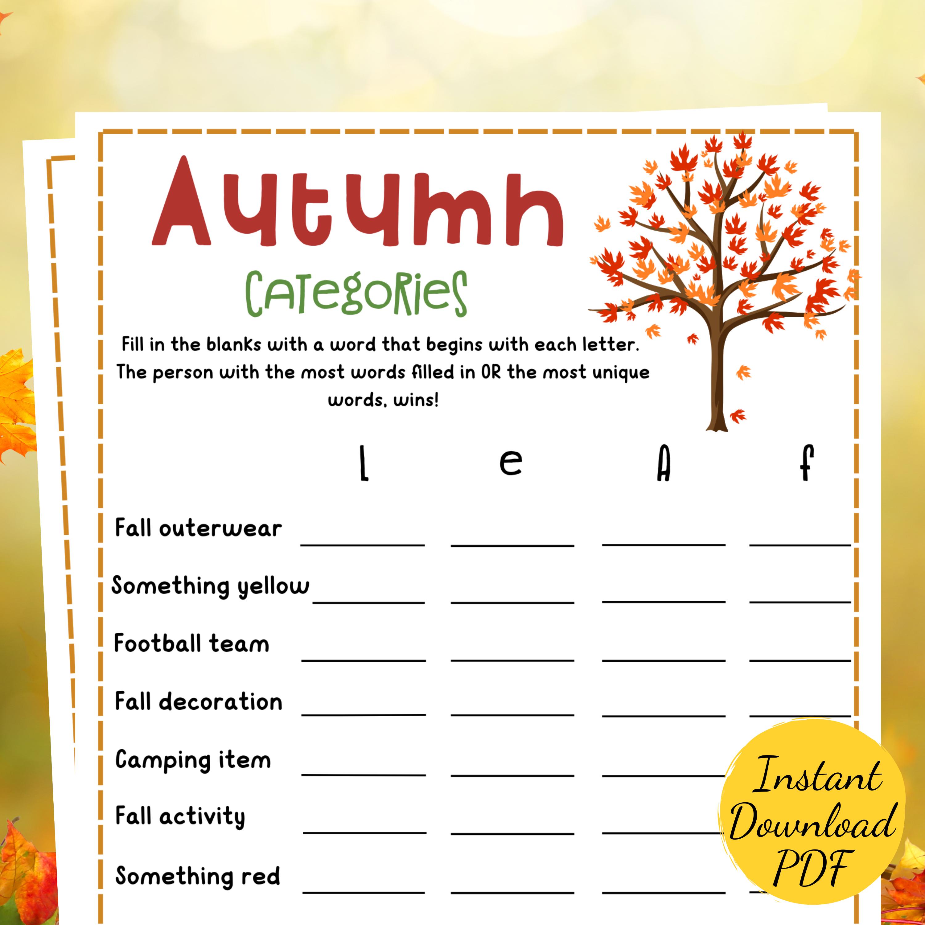 Fall CATEGORIES Game: Printable Autumn Party (PDF Pattern) - Etsy