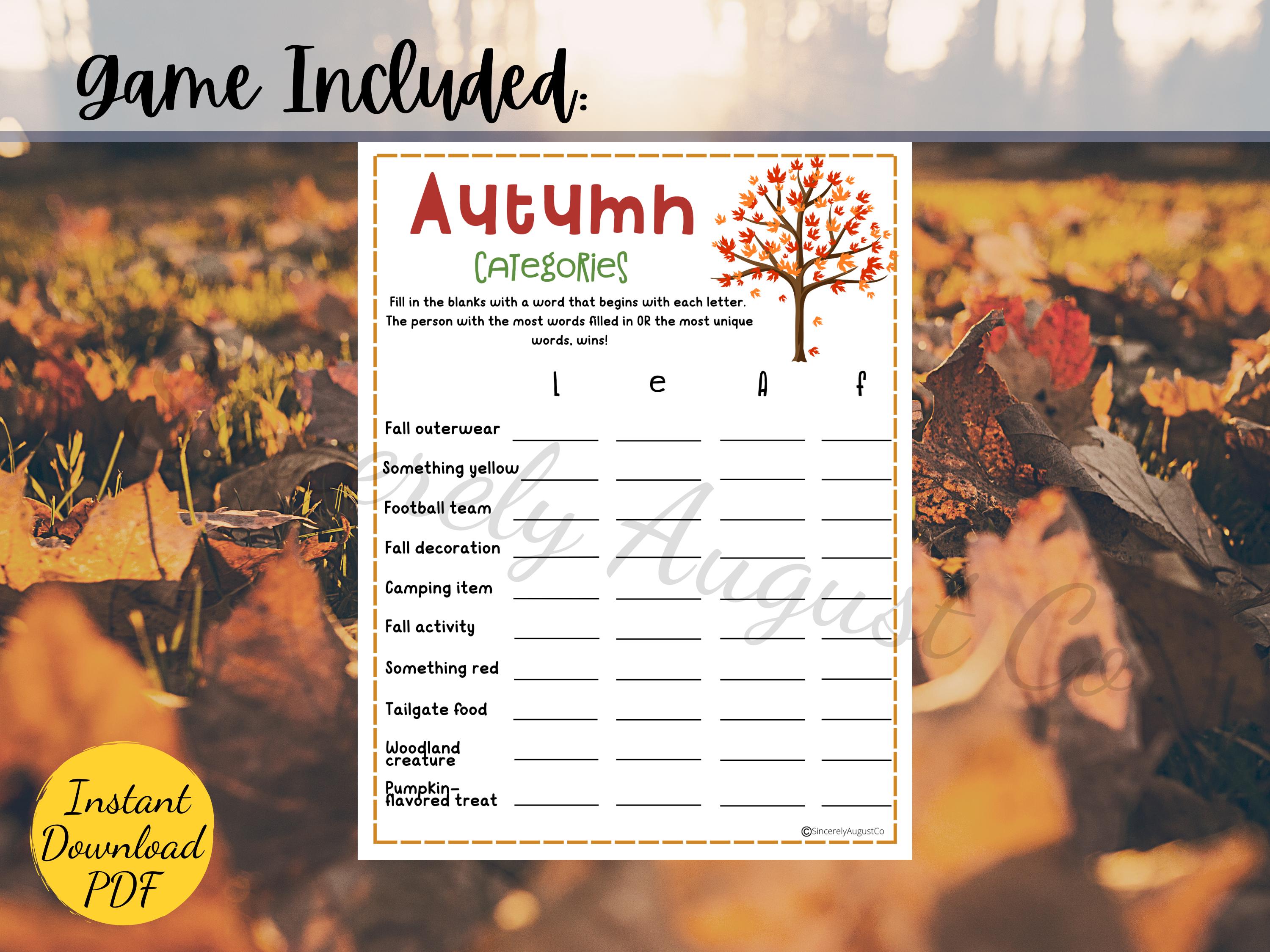 Fall CATEGORIES Game - Printable Autumn Party Game - Categories Game ...