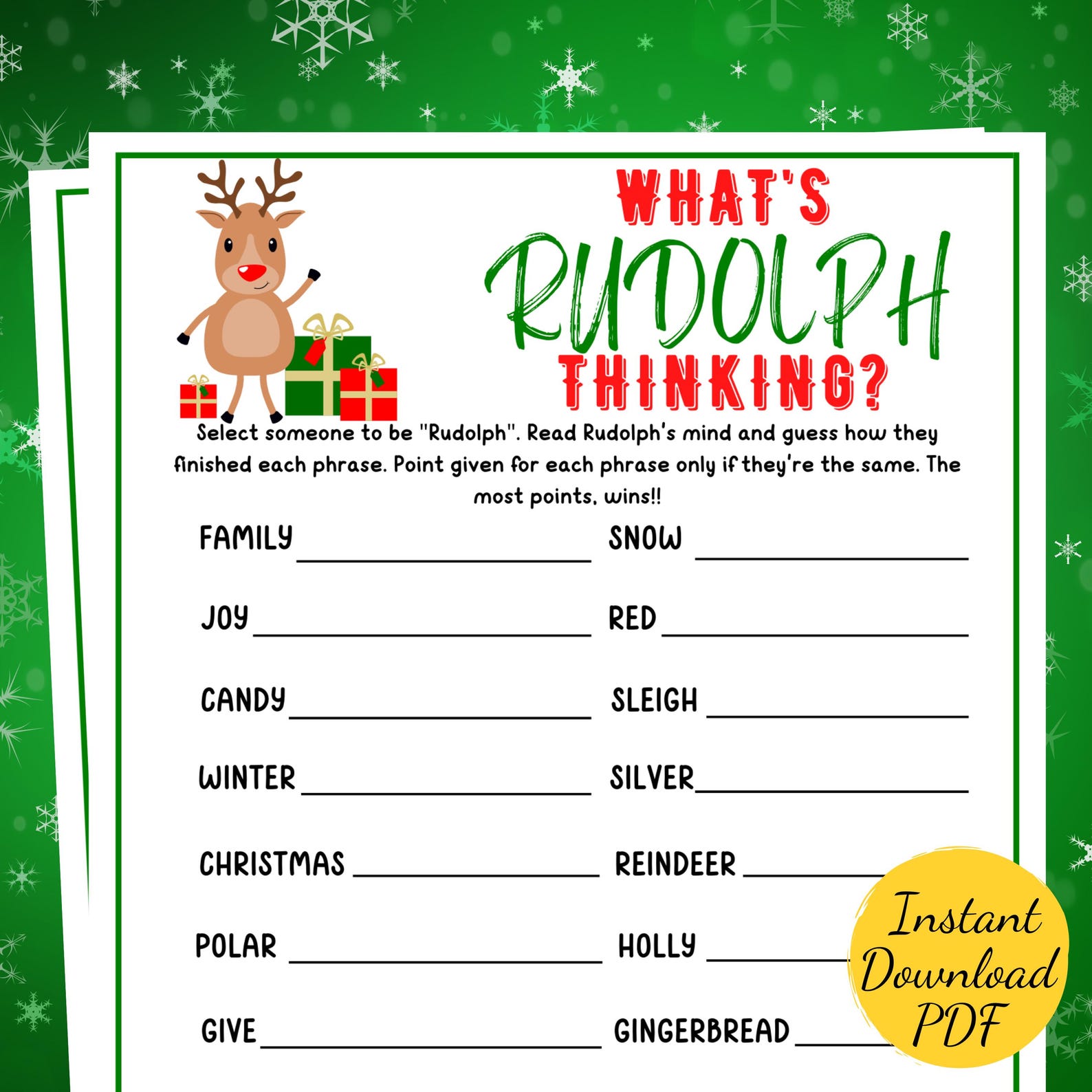 WHAT’S RUDOLPH THINKING Christmas Game: Printable Finish the Phrase ...