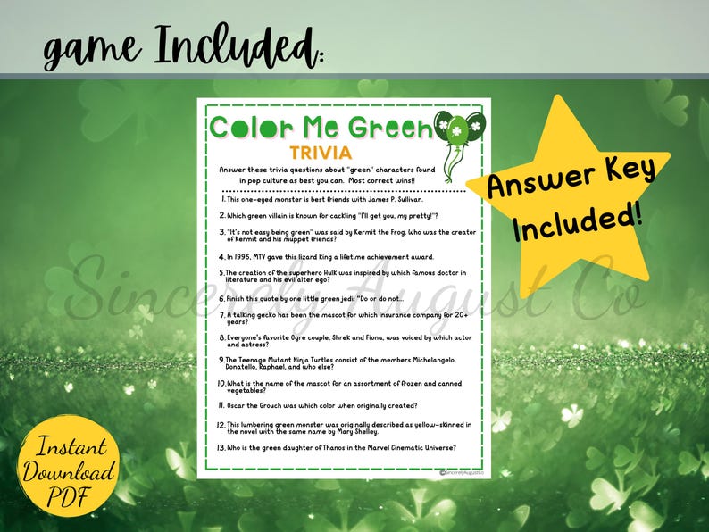 COLOR ME GREEN Trivia - St. Patrick's Day Party Game - Printable St ...