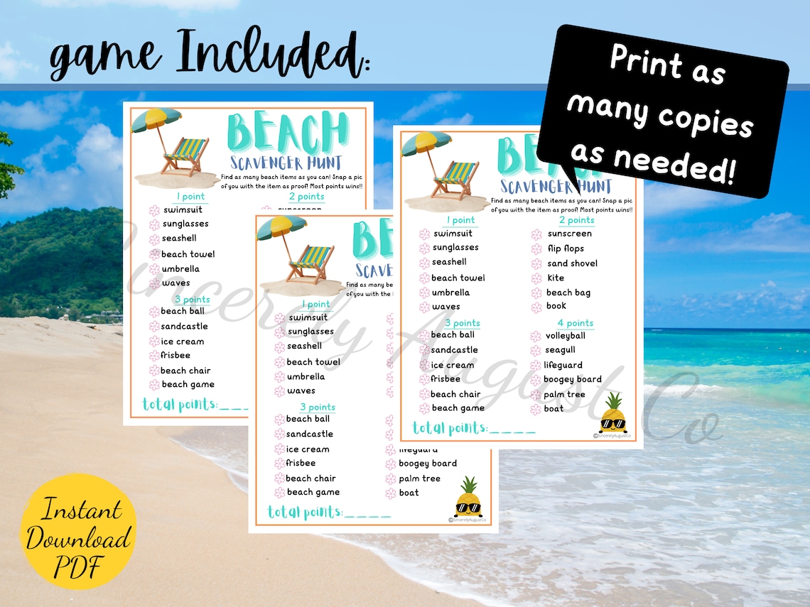 Beach SCAVENGER HUNT Game - Printable Beach Day Party Game - Scavenger ...