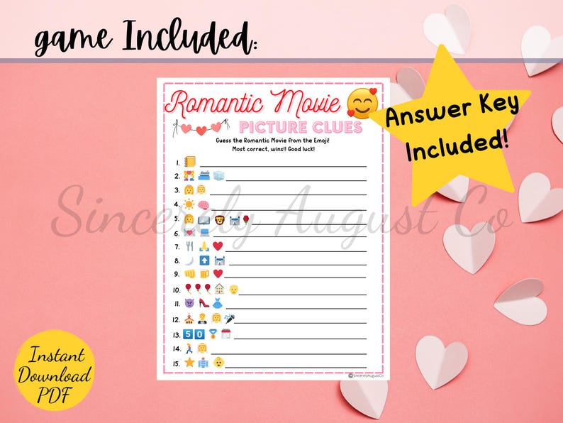 Romantic Movie PICTURE CLUES Game - Valentines Day Party Game ...