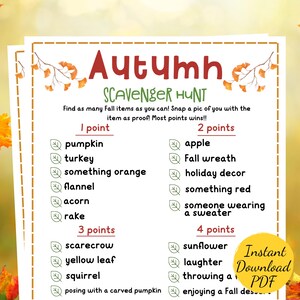 FALL SCAVENGER HUNT Printable Autumn Party Game Scavenger Hunt Game Fun ...