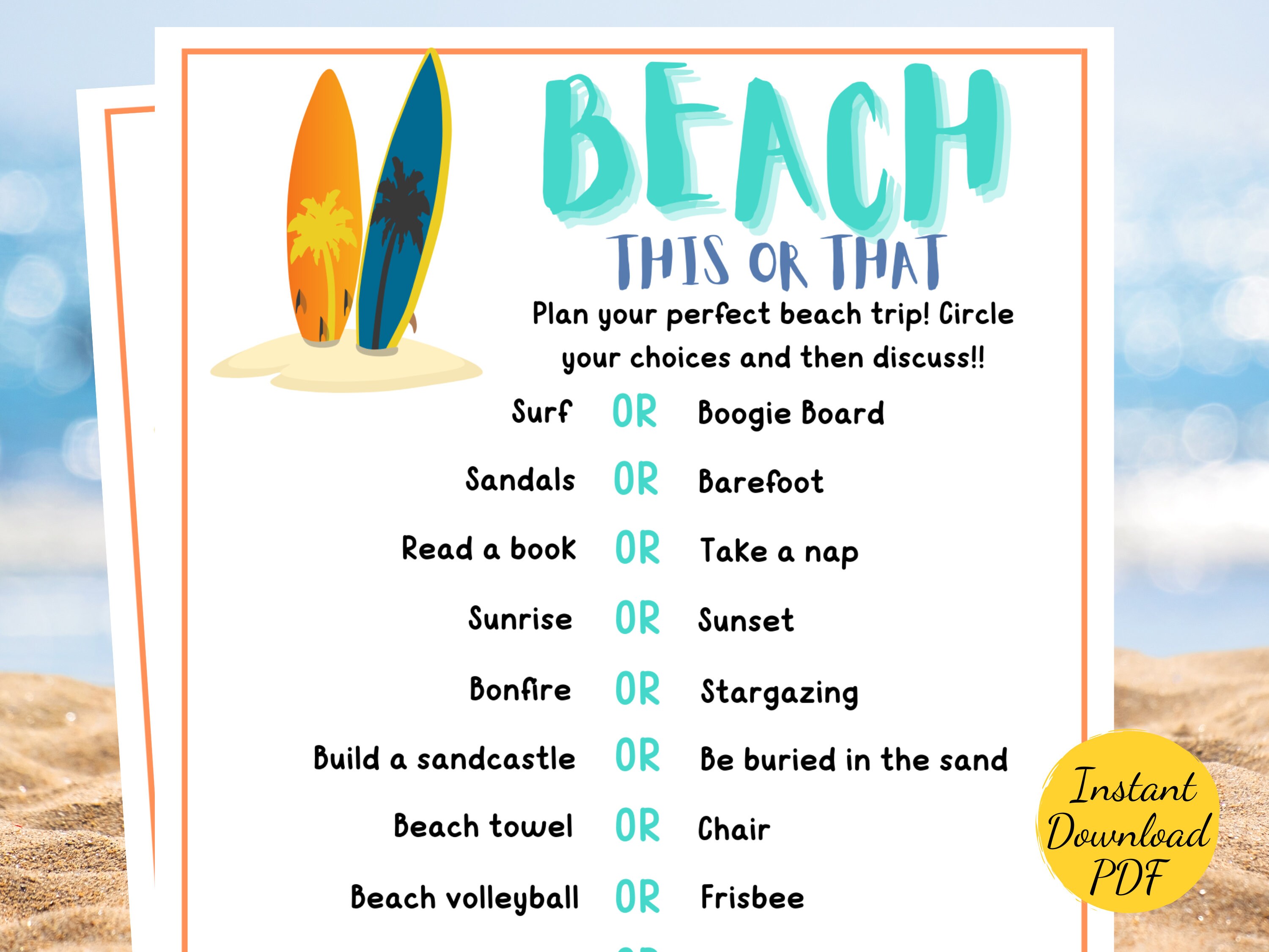 Beach THIS OR THAT Game Beach Day Would You Rather Printable Beach Day ...