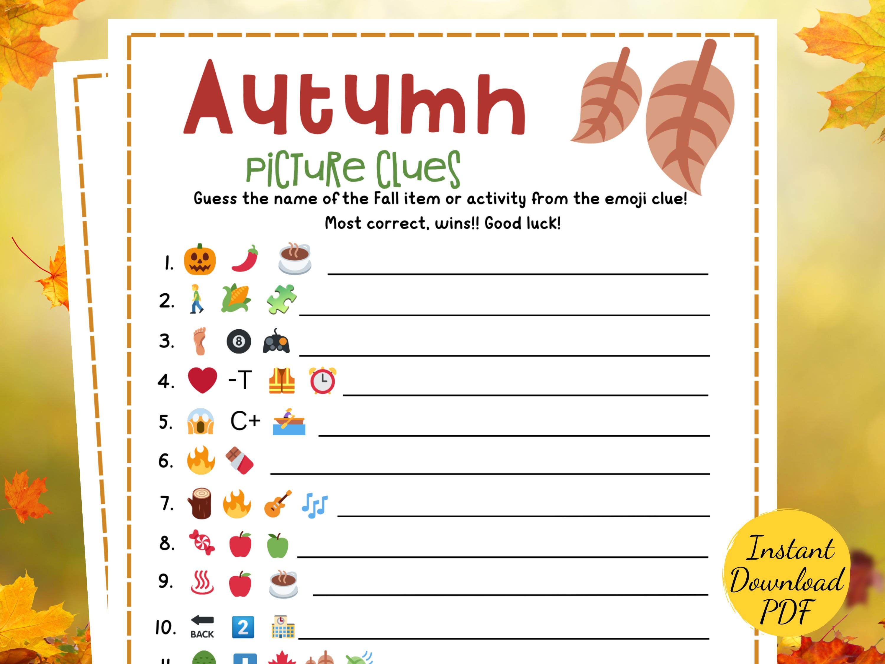 Fall PICTURE CLUES Game Printable Autumn Activity Emoji Pictionary for ...