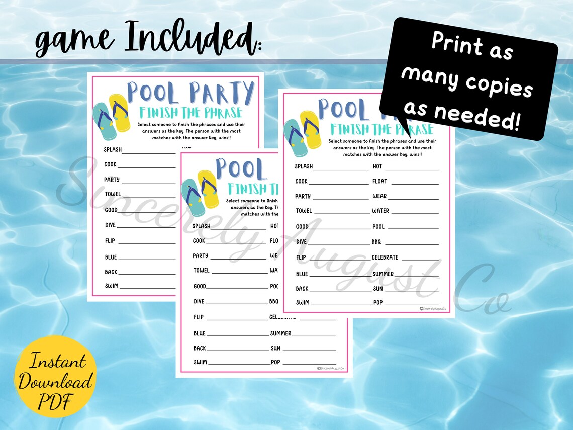 Pool Party FINISH the PHRASE Game: Printable Summer Fun (PDF) - Etsy