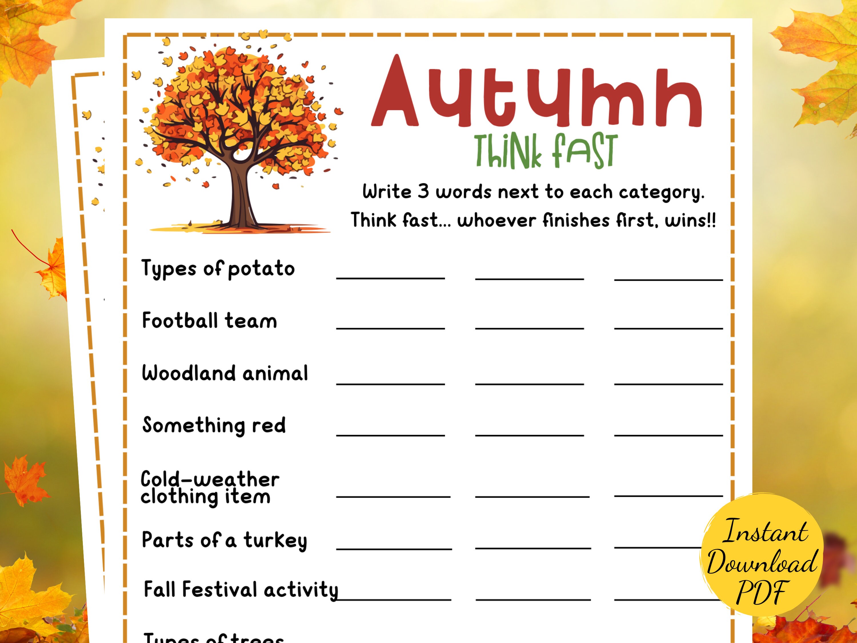 Fall THINK FAST Game Printable Autumn Party Game Think - Etsy