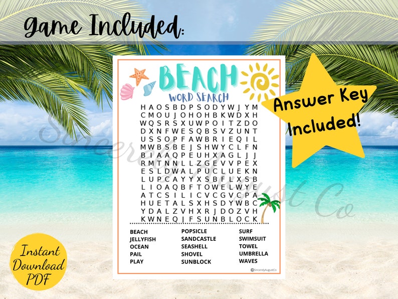 Beach Day WORD SEARCH - Beach Party Game - Printable Beach Day Activity ...