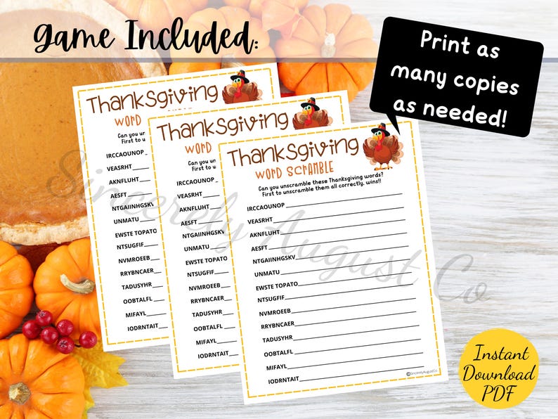 Thanksgiving WORD SCRAMBLE - Thanksgiving Party Game - Printable ...