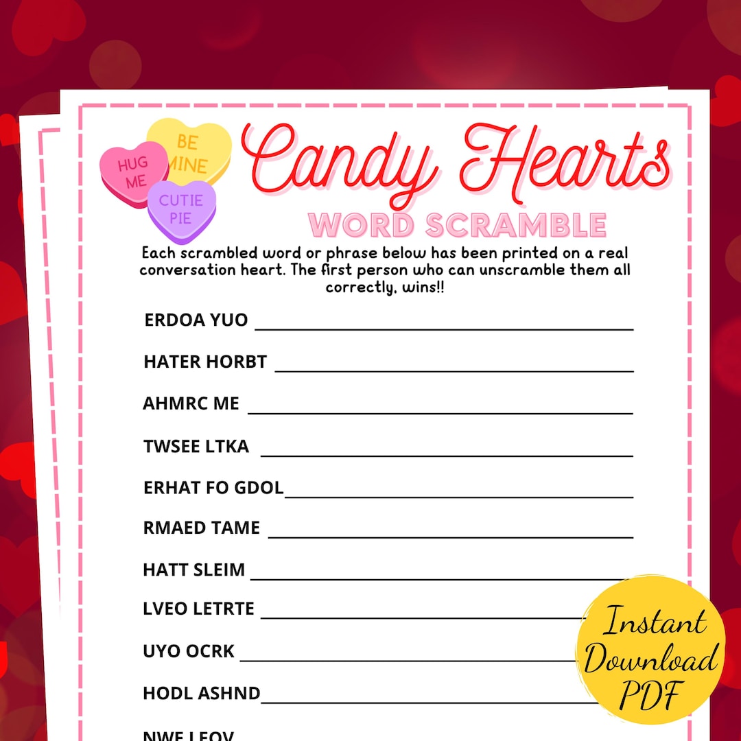 Candy Hearts WORD SCRAMBLE: Valentine's Day Party Game (printable PDF ...