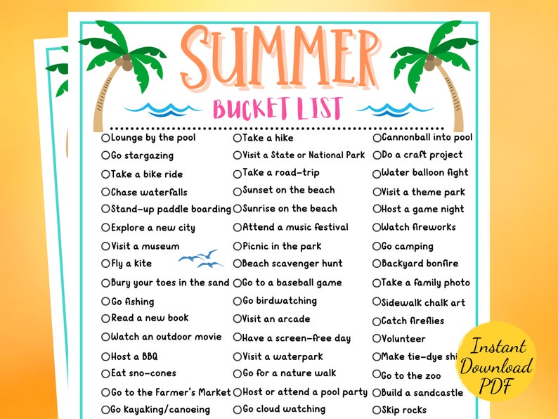 SUMMER BUCKET LIST Printable List of Summer Activities Summer Ideas to ...