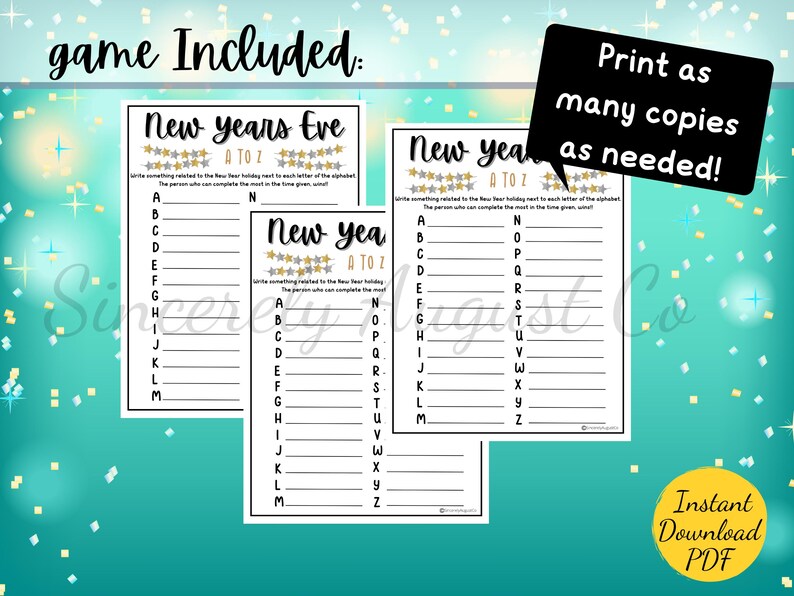 A TO Z New Year's Eve Game - New Year's Eve Party Game - Printable New ...