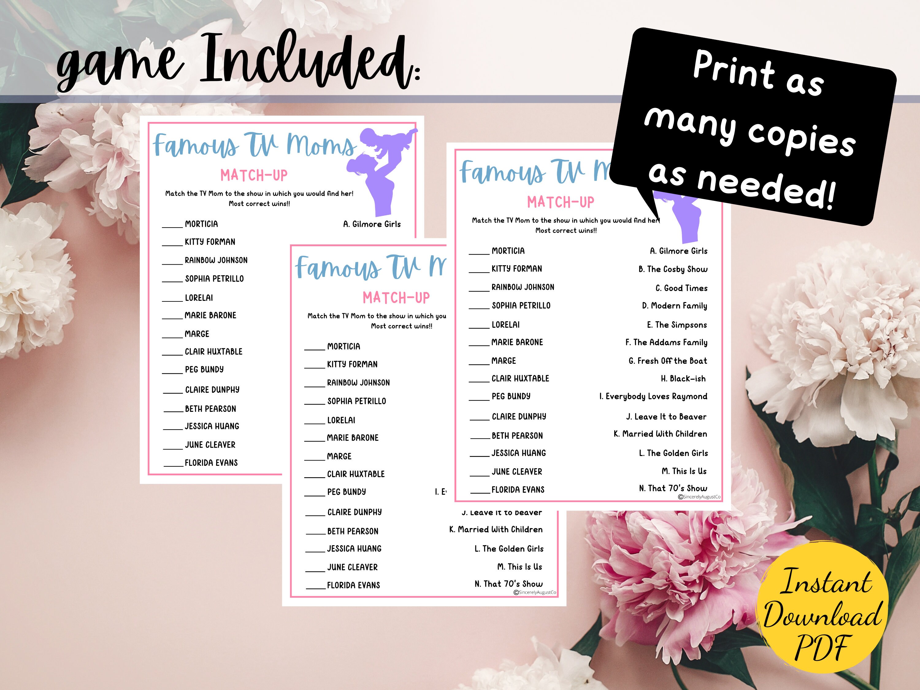 FAMOUS TV MOMS Mothers Day Match Mothers Day Party Game Printable ...