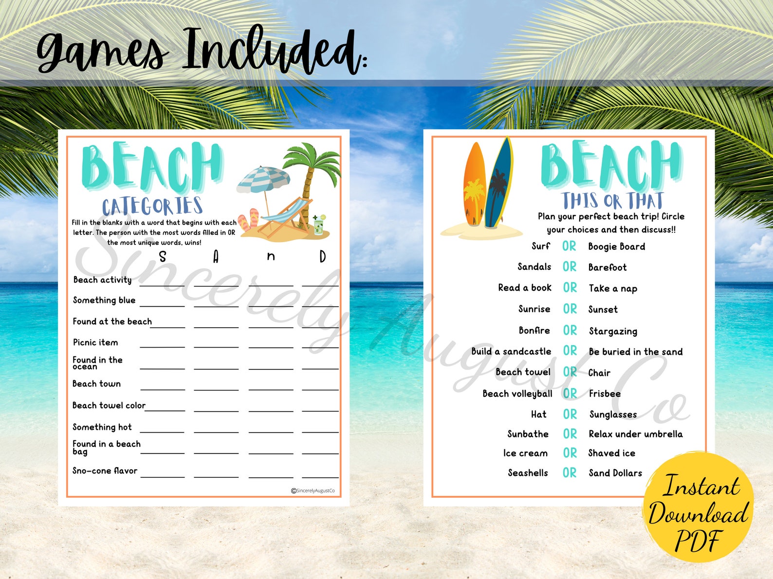 BEACH Day GAME BUNDLE - 5 Beach Day Games - Printable Beach Games - Fun ...