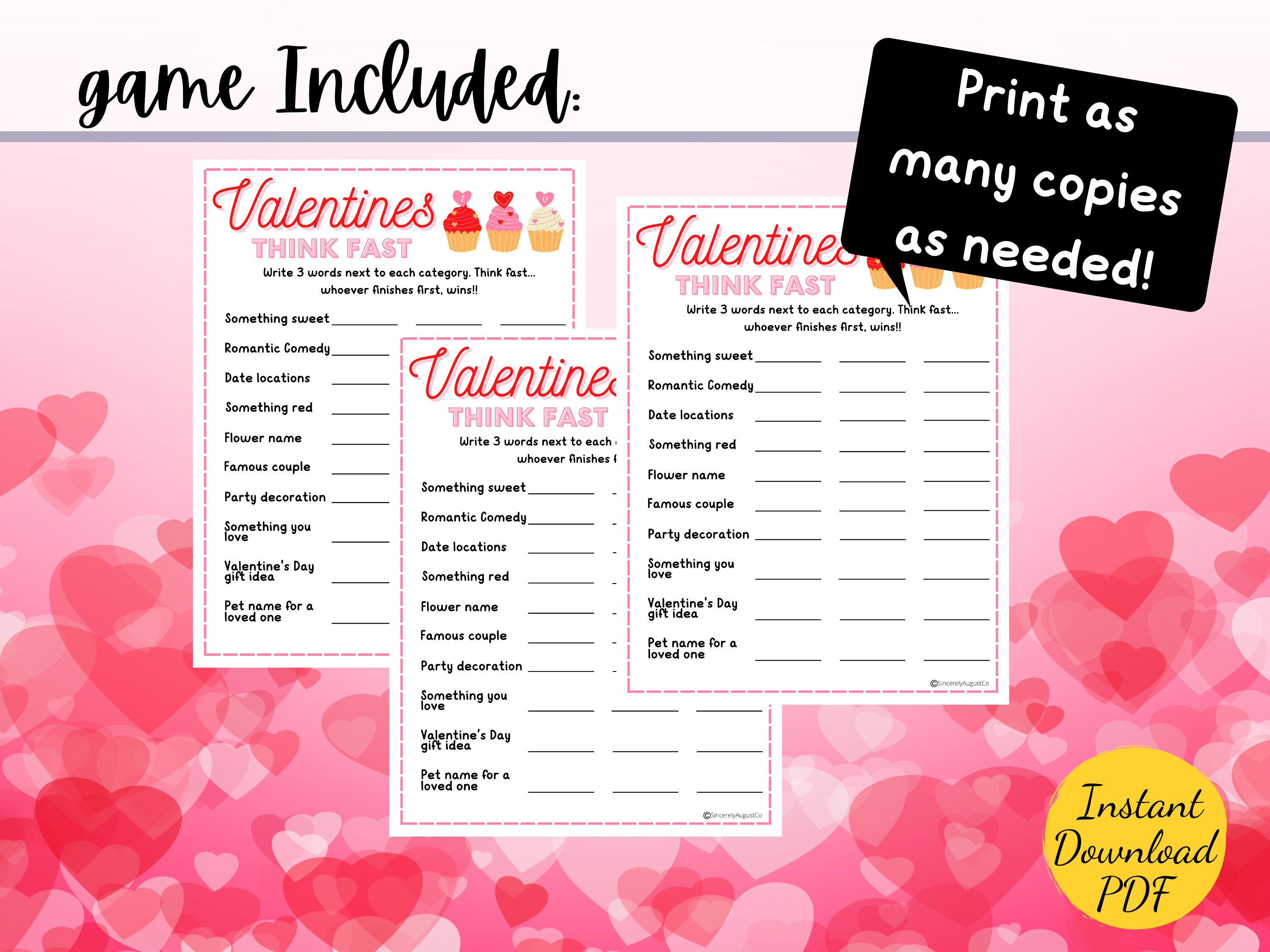THINK FAST Valentines Day Game Valentines Day Party Game Printable ...