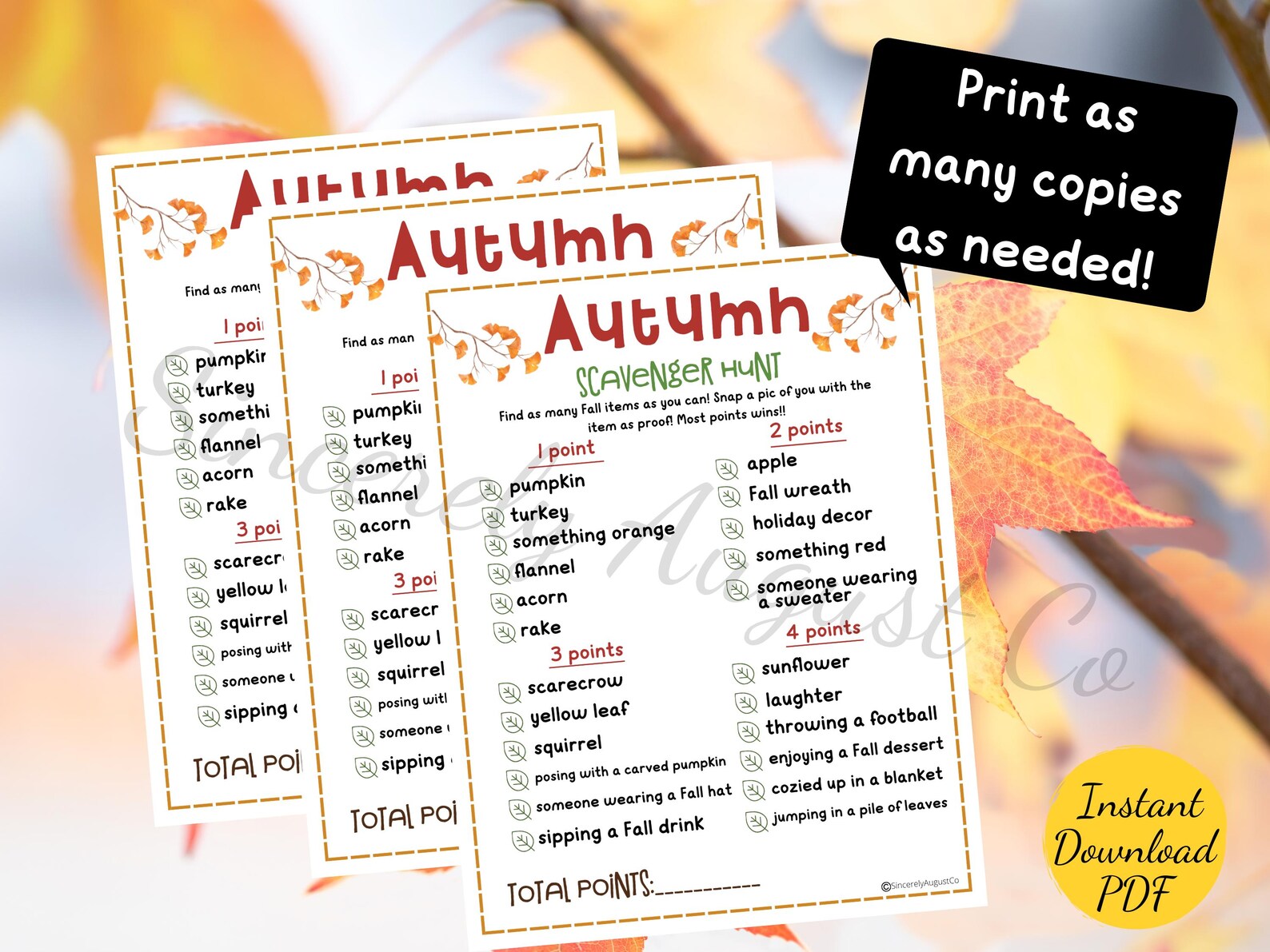 FALL SCAVENGER HUNT - Printable Autumn Party Game - Scavenger Hunt Game ...