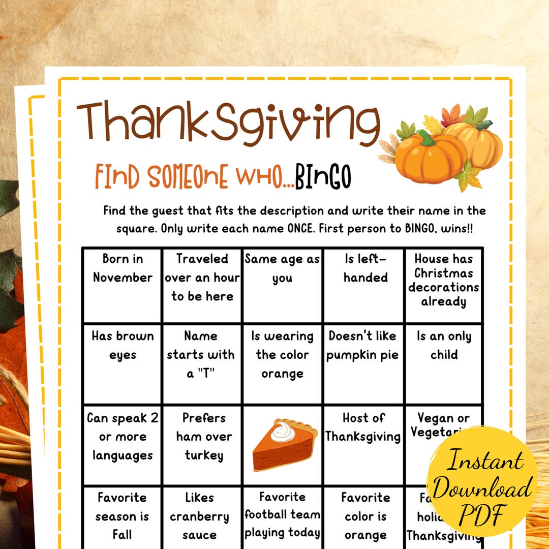 Thanksgiving FIND SOMEONE Who BINGO Game: Printable Party Activity ...