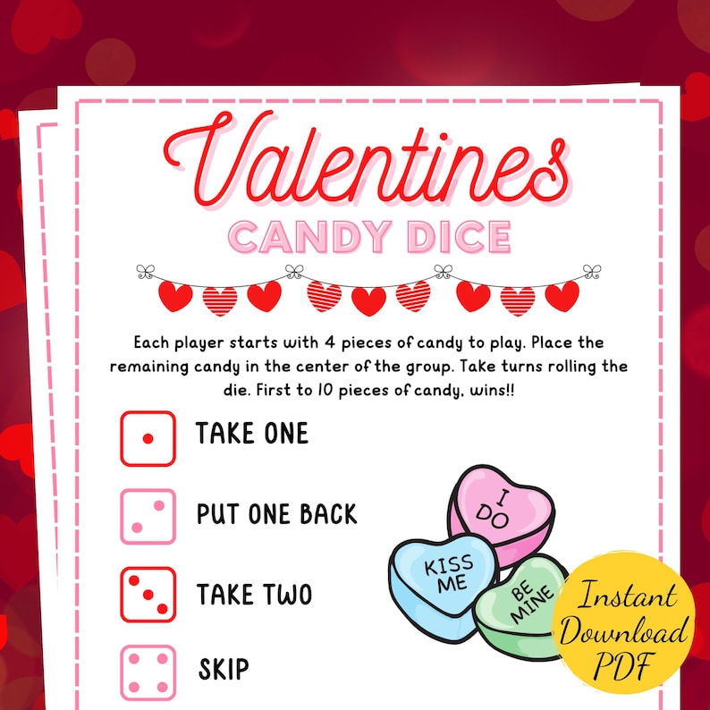 Valentines Day CANDY DICE Game - Valentines Day Party Game - Printable ...