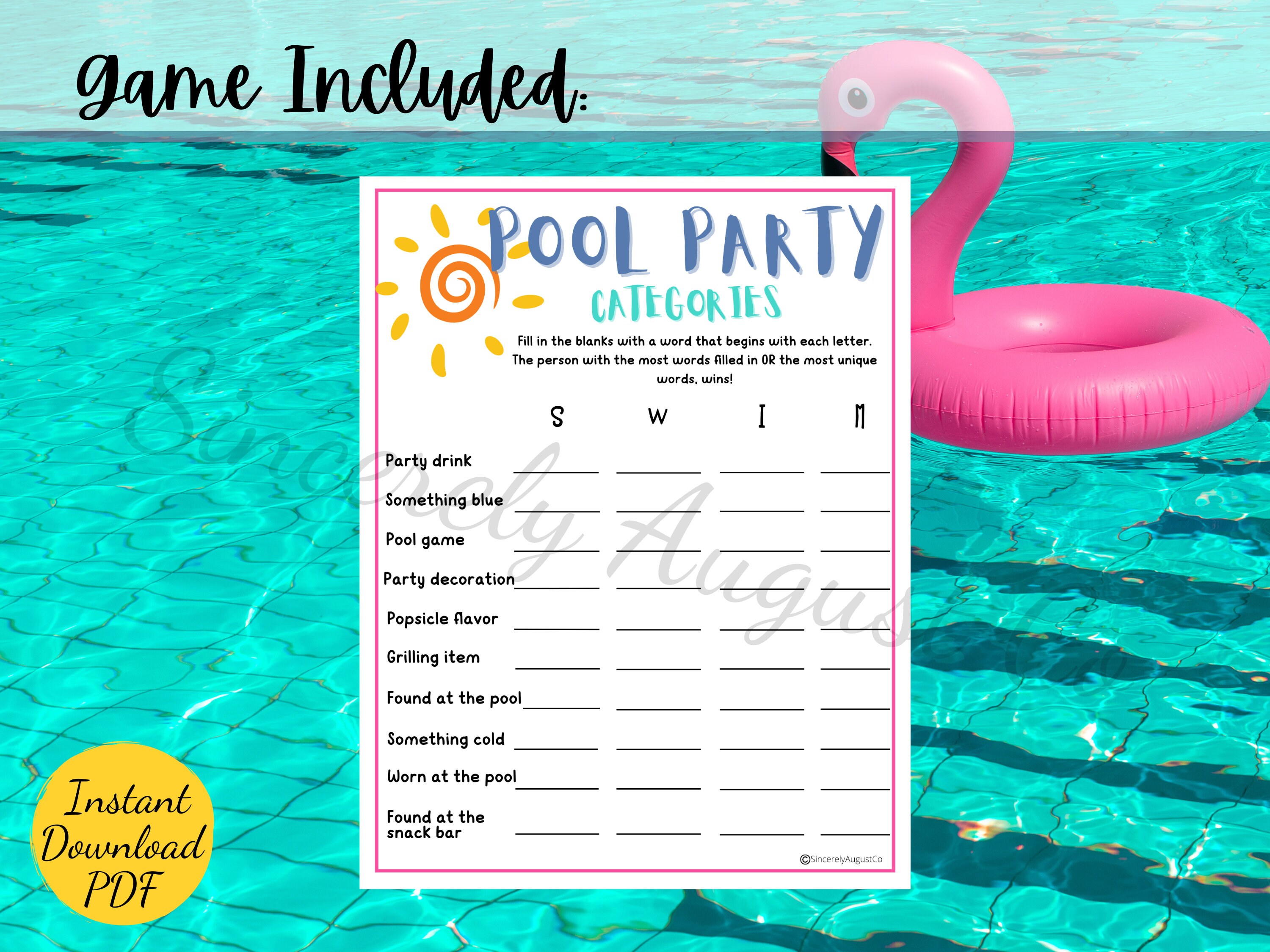 Pool Party CATEGORIES Game - Printable Pool Party Game - Pool Party ...