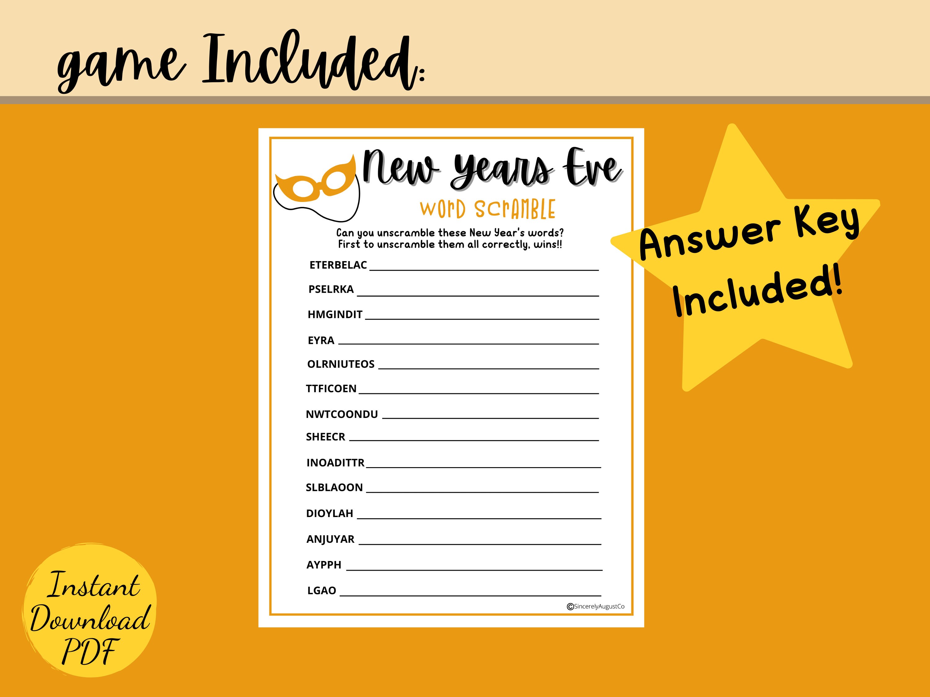 New Year's Eve WORD SCRAMBLE Game New Years Party Game Printable New ...