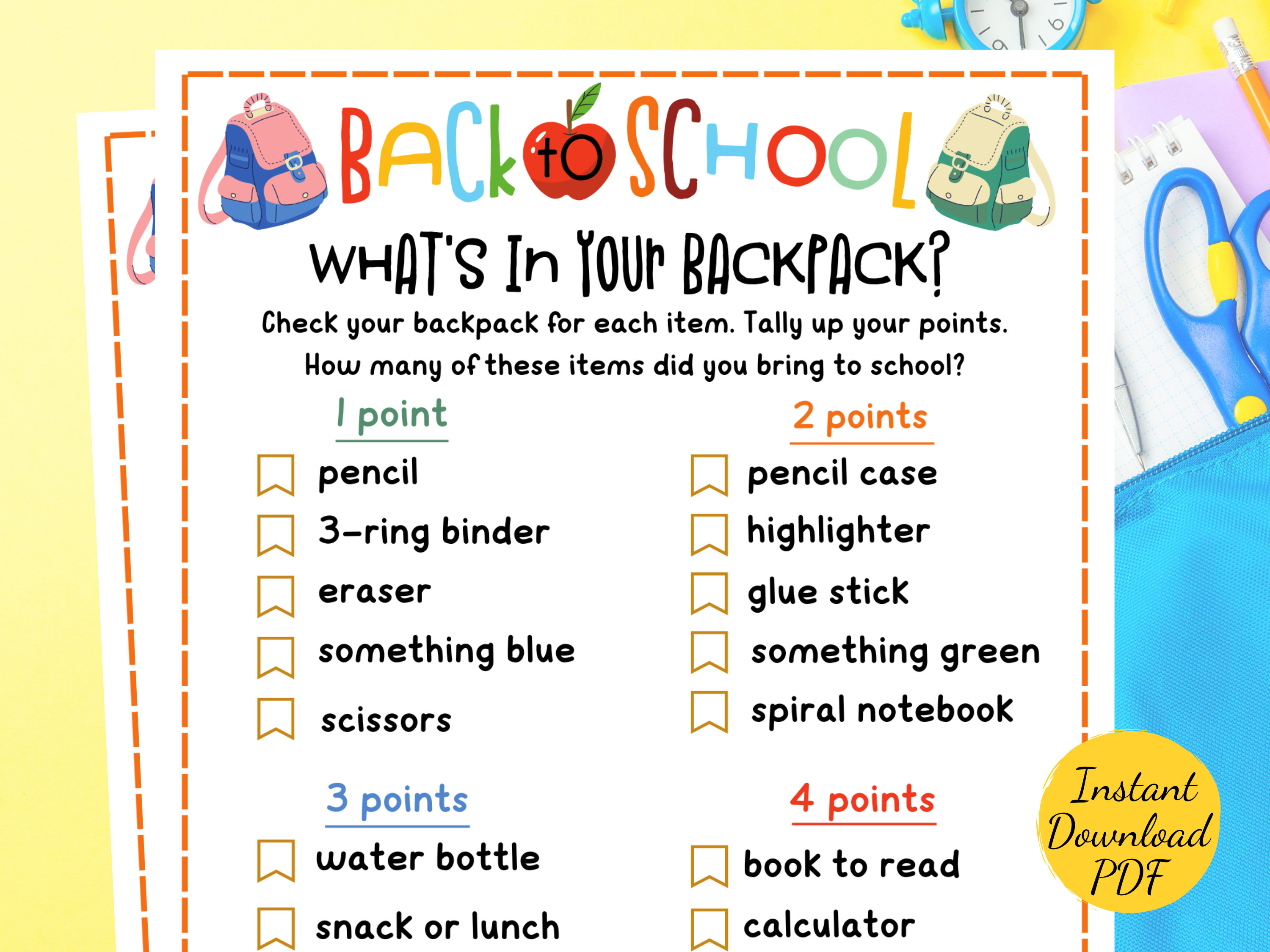 WHAT'S in YOUR BACKPACK Game Back to School Game First Day of School ...