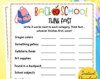 Back to School Think Fast Icebreaker Game Printable Worksheet Quick ...