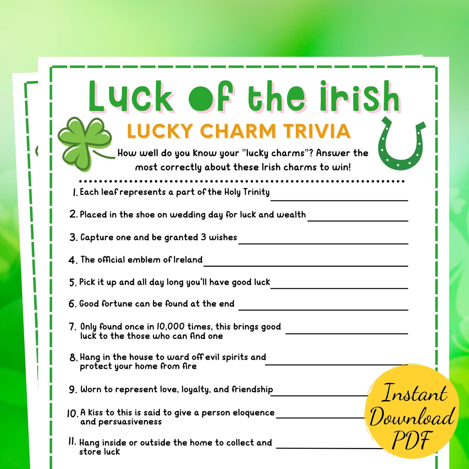 LUCK of the IRISH Game - St. Patrick's Day Party Game - Printable St ...