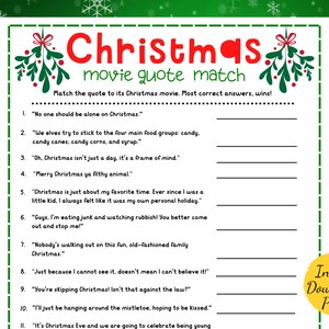 Christmas Movie Quotes Matching Game Christmas Party Game Printable ...