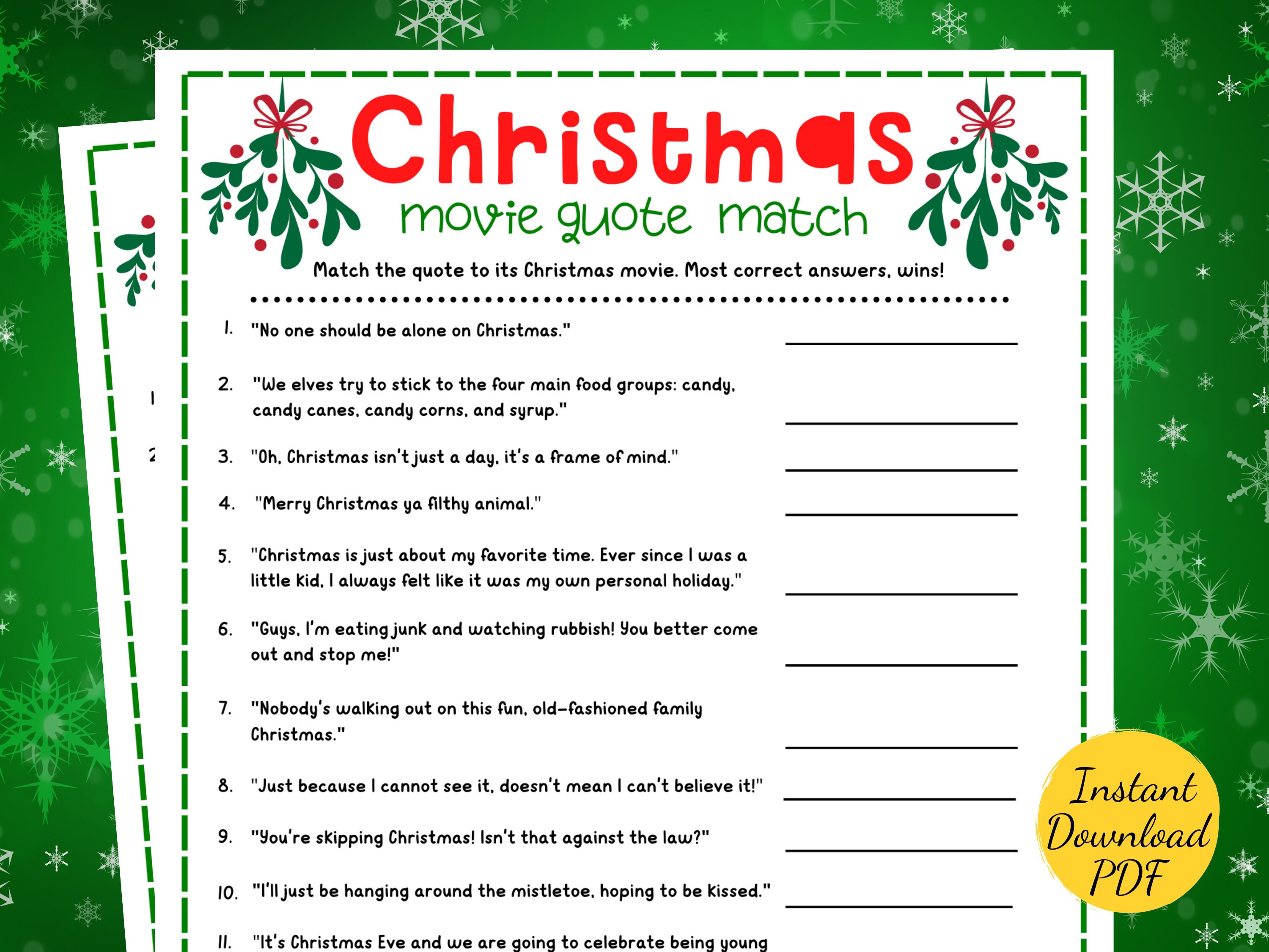 Christmas Movie Quotes Matching Game Christmas Party Game Printable ...