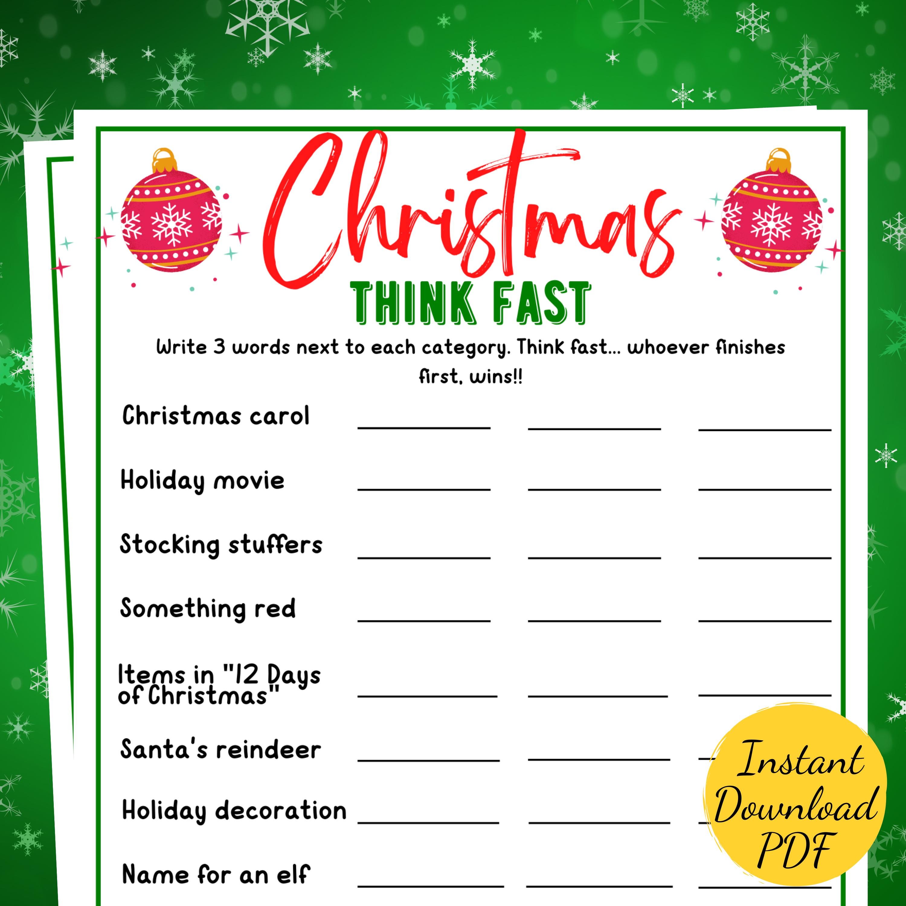 THINK FAST Christmas Game: Printable Holiday Party Activity (PDF) - Etsy
